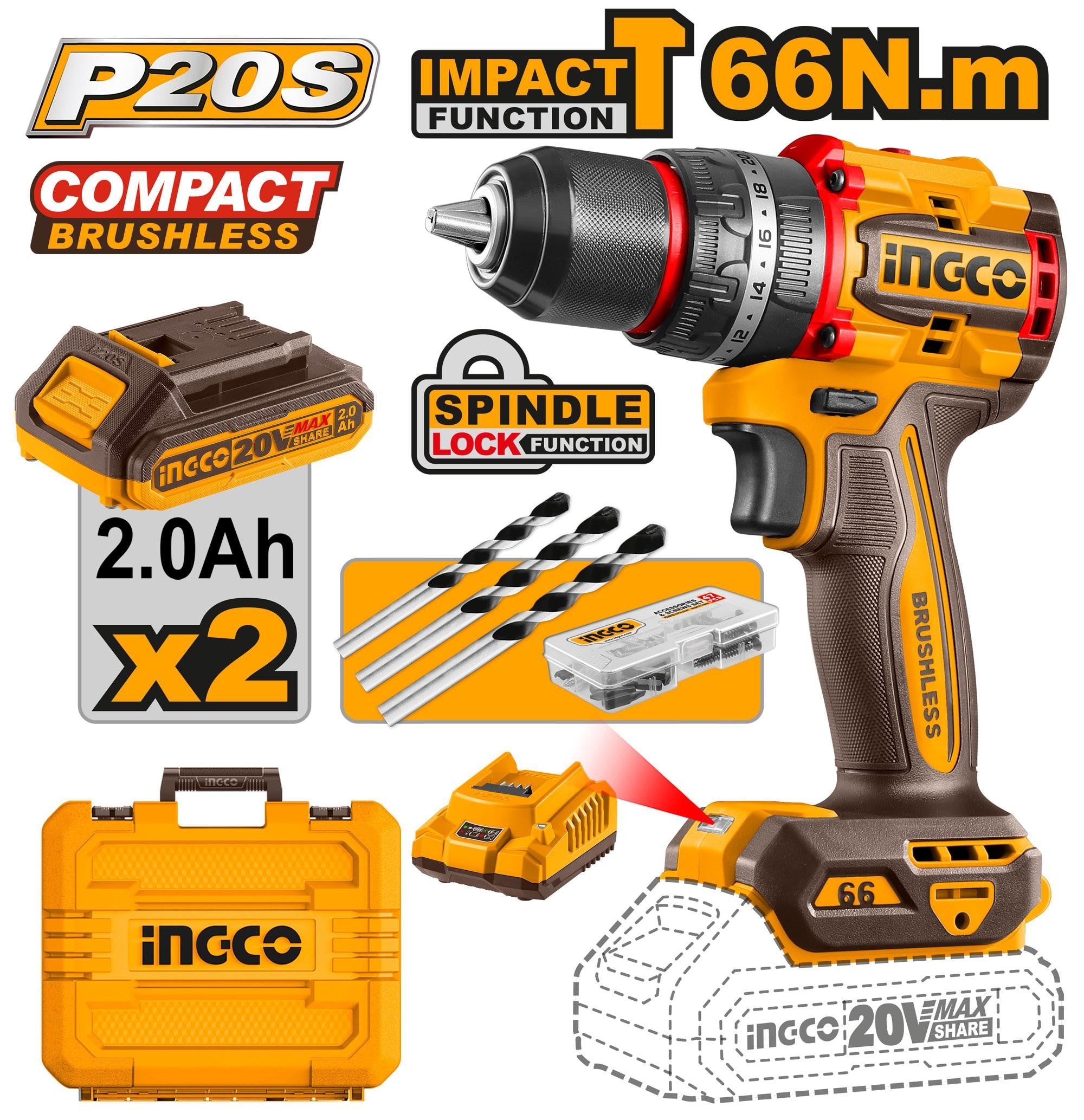 INGCO PERCEUSE VISSEUSE 20V 66NM 2 BATT BRUSHLESS [CIDLI20668] – INGCO ...